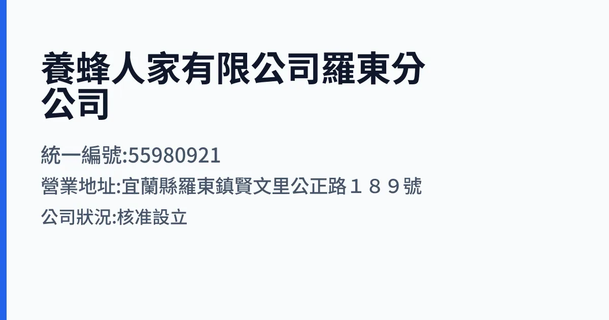 養蜂人家有限公司羅東分公司 - 統編 55980921(宜蘭縣) 公司登記資料與營業項目詳細圖表