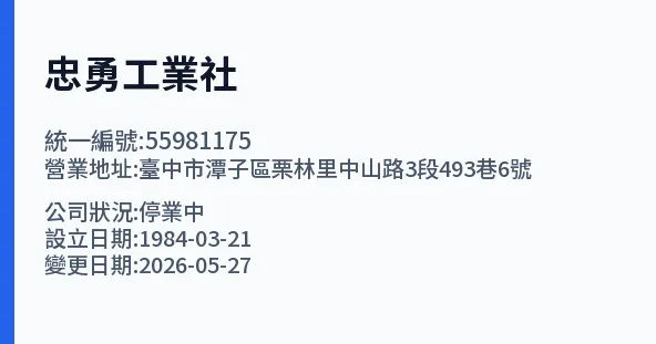 忠勇工業社的照片-統編 55981175(臺中市) 公司登記資料與營業項目詳細圖表