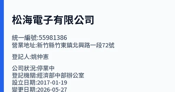 松海電子有限公司的照片-統編 55981386(新竹縣) 公司登記資料與營業項目詳細圖表