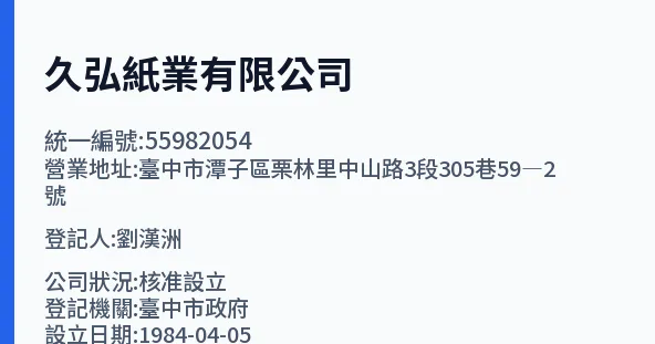 久弘紙業有限公司的照片-統編 55982054(臺中市) 公司登記資料與營業項目詳細圖表
