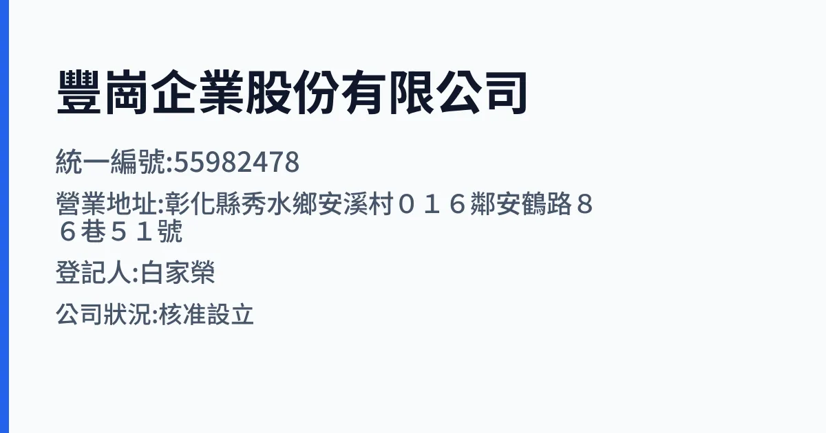 豐崗企業股份有限公司 - 統編 55982478(彰化縣) 公司登記資料與營業項目詳細圖表