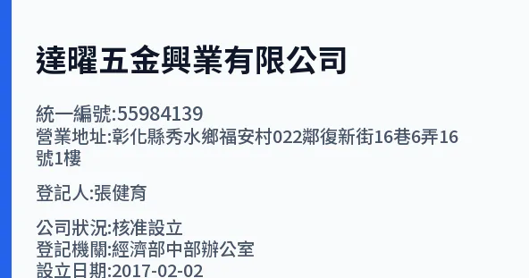 達曜五金興業有限公司的照片-統編 55984139(彰化縣) 公司登記資料與營業項目詳細圖表