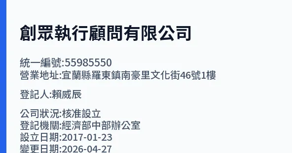 創眾執行顧問有限公司的照片-統編 55985550(宜蘭縣) 公司登記資料與營業項目詳細圖表