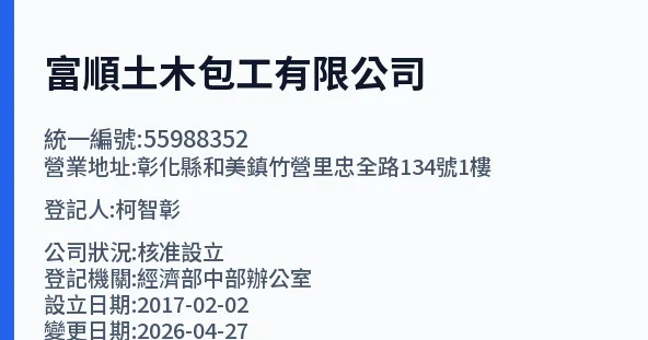 富順土木包工有限公司的照片-統編 55988352(彰化縣) 公司登記資料與營業項目詳細圖表