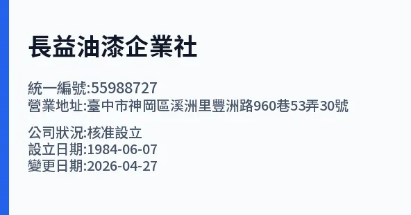 長益油漆企業社的照片-統編 55988727(臺中市) 公司登記資料與營業項目詳細圖表