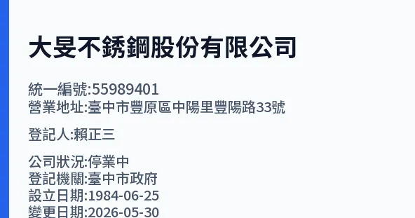 大旻不銹鋼股份有限公司的照片-統編 55989401(臺中市) 公司登記資料與營業項目詳細圖表
