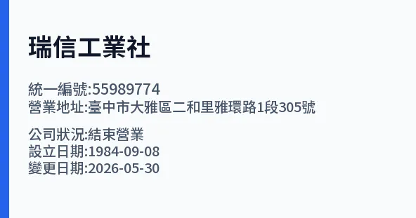 瑞信工業社的照片-統編 55989774(臺中市) 公司登記資料與營業項目詳細圖表