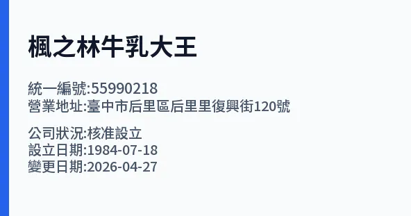 楓之林牛乳大王的照片-統編 55990218(臺中市) 公司登記資料與營業項目詳細圖表
