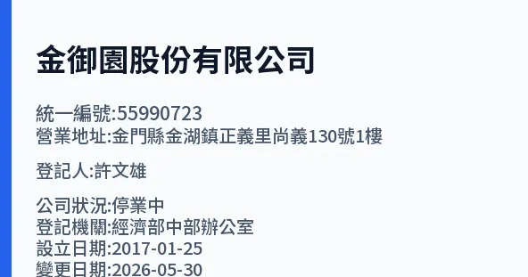 金御園股份有限公司的照片-統編 55990723(金門縣) 公司登記資料與營業項目詳細圖表