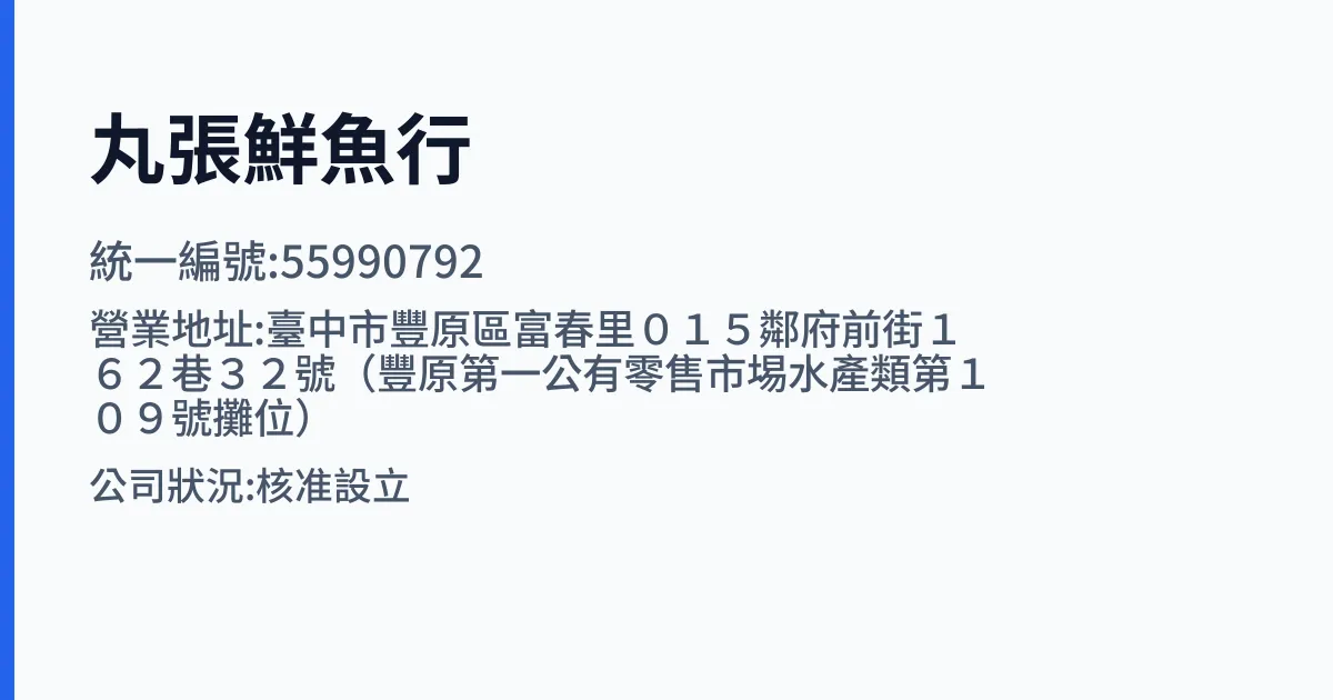 丸張鮮魚行 - 統編 55990792(臺中市) 公司登記資料與營業項目詳細圖表