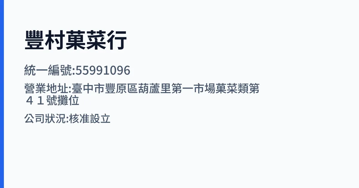 豐村菓菜行 - 統編 55991096(臺中市) 公司登記資料與營業項目詳細圖表