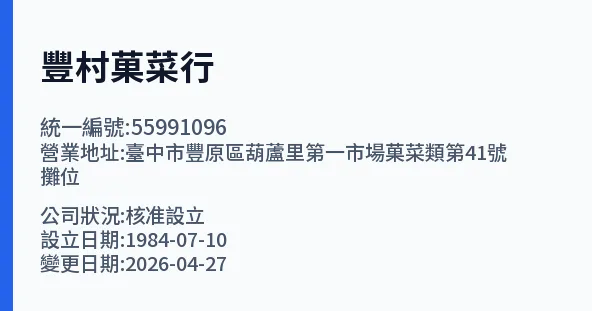 豐村菓菜行的照片-統編 55991096(臺中市) 公司登記資料與營業項目詳細圖表