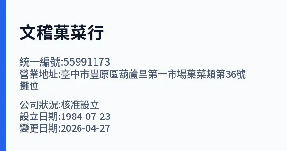 文稽菓菜行的照片-統編 55991173(臺中市) 公司登記資料與營業項目詳細圖表