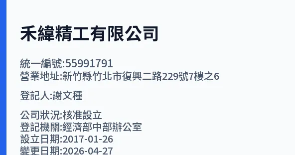禾緯精工有限公司的照片-統編 55991791(新竹縣) 公司登記資料與營業項目詳細圖表