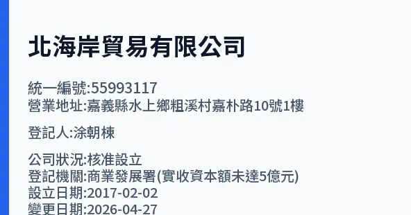 北海岸貿易有限公司的照片-統編 55993117(嘉義縣) 公司登記資料與營業項目詳細圖表