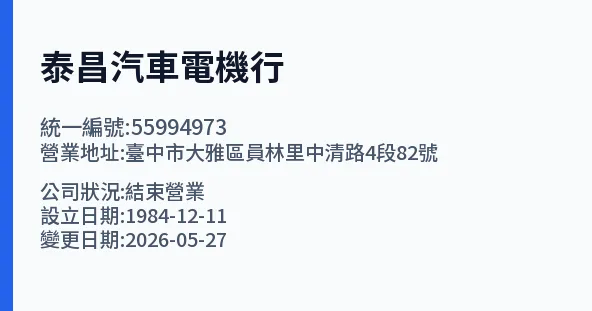 泰昌汽車電機行的照片-統編 55994973(臺中市) 公司登記資料與營業項目詳細圖表