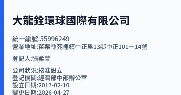 大龍銓環球國際有限公司的照片-統編 55996249(苗栗縣) 公司登記資料與營業項目詳細圖表