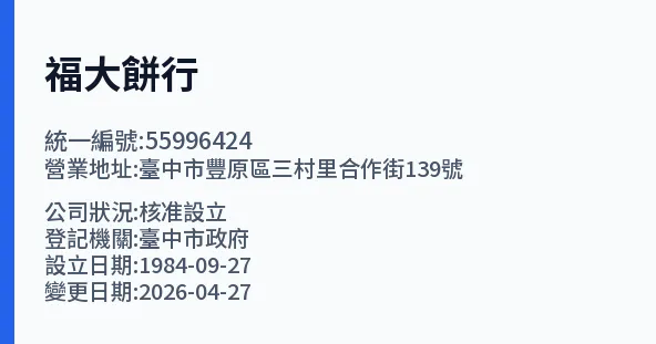 福大餅行的照片-統編 55996424(臺中市) 公司登記資料與營業項目詳細圖表