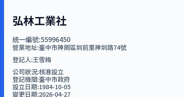 弘林工業社的照片-統編 55996450(臺中市) 公司登記資料與營業項目詳細圖表