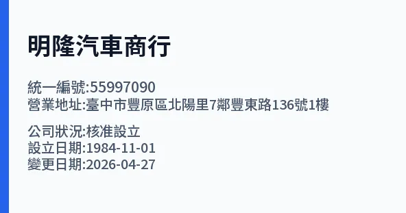 明隆汽車商行的照片-統編 55997090(臺中市) 公司登記資料與營業項目詳細圖表