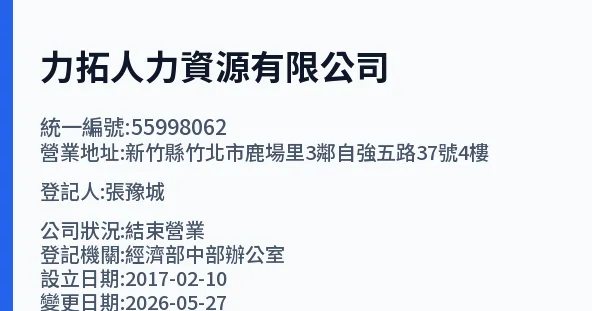力拓人力資源有限公司的照片-統編 55998062(新竹縣) 公司登記資料與營業項目詳細圖表