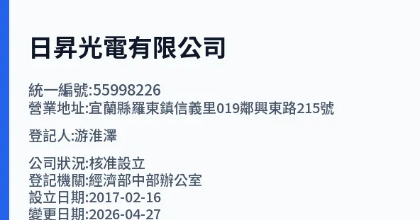 日昇光電有限公司的照片-統編 55998226(宜蘭縣) 公司登記資料與營業項目詳細圖表
