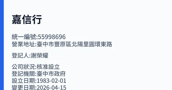 嘉信行的照片-統編 55998696(臺中市) 公司登記資料與營業項目詳細圖表