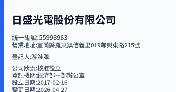 日盛光電股份有限公司的照片-統編 55998963(宜蘭縣) 公司登記資料與營業項目詳細圖表