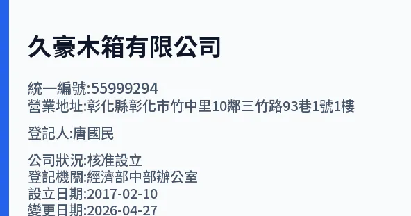 久豪木箱有限公司的照片-統編 55999294(彰化縣) 公司登記資料與營業項目詳細圖表