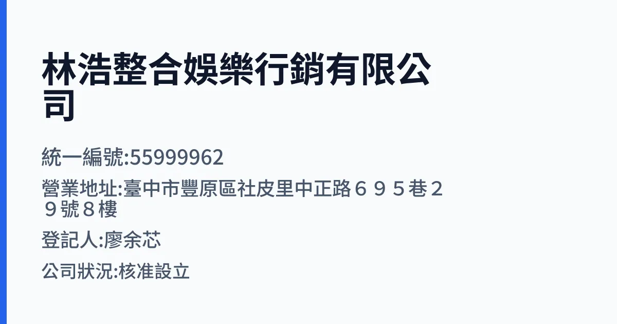 林浩整合娛樂行銷有限公司 - 統編 55999962(嘉義縣) 公司登記資料與營業項目詳細圖表