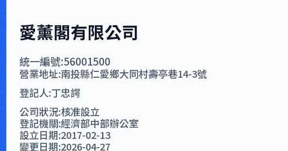 愛薰閣有限公司的照片-統編 56001500(南投縣) 公司登記資料與營業項目詳細圖表