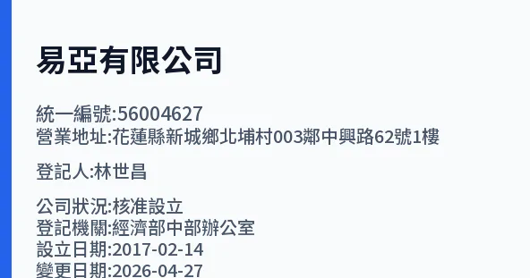 易亞有限公司的照片-統編 56004627(花蓮縣) 公司登記資料與營業項目詳細圖表