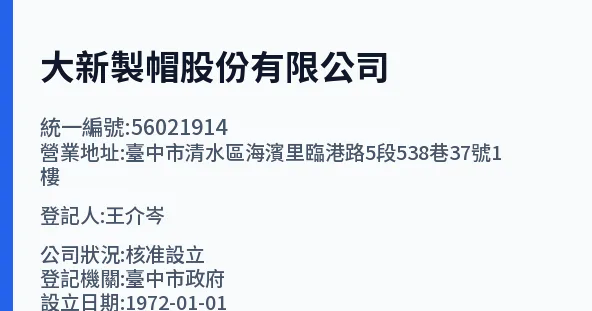 大新製帽股份有限公司的照片-統編 56021914(臺中市) 公司登記資料與營業項目詳細圖表