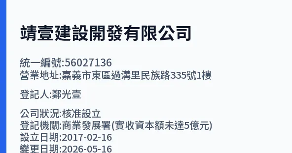 靖壹建設開發有限公司的照片-統編 56027136(嘉義市) 公司登記資料與營業項目詳細圖表