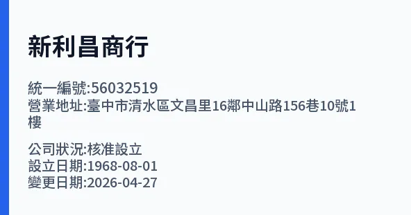 新利昌商行的照片-統編 56032519(臺中市) 公司登記資料與營業項目詳細圖表