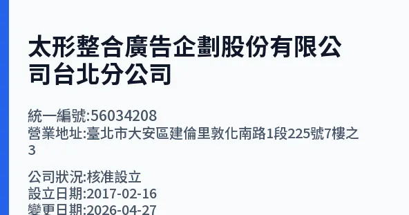 太形整合廣告企劃股份有限公司台北分公司的照片-統編 56034208(臺北市) 公司登記資料與營業項目詳細圖表