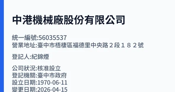中港機械廠股份有限公司的照片-統編 56035537(臺中市) 公司登記資料與營業項目詳細圖表
