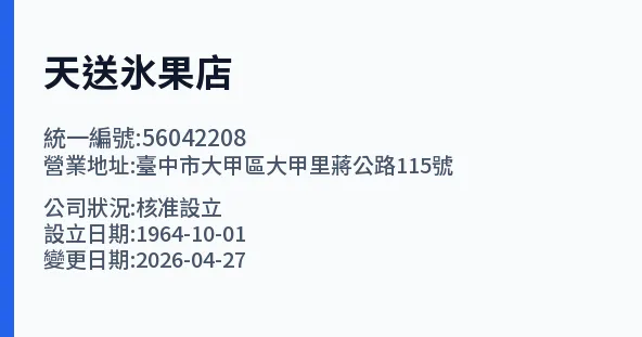 天送氷果店的照片-統編 56042208(臺中市) 公司登記資料與營業項目詳細圖表