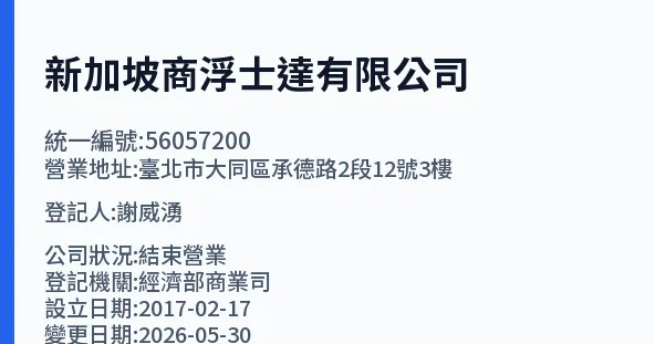 新加坡商浮士達有限公司的照片-統編 56057200(臺北市) 公司登記資料與營業項目詳細圖表