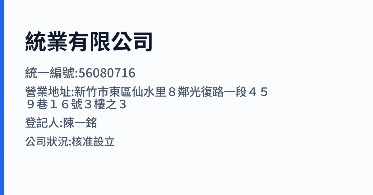 統業有限公司 - 統編 56080716(新竹市) 公司登記資料與營業項目詳細圖表