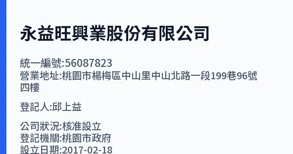 永益旺興業股份有限公司的照片-統編 56087823(桃園市) 公司登記資料與營業項目詳細圖表