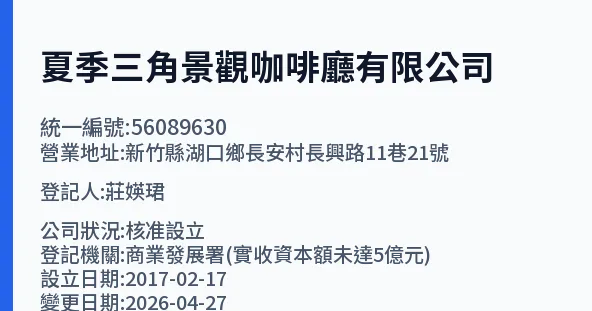 夏季三角景觀咖啡廳有限公司的照片-統編 56089630(新竹縣) 公司登記資料與營業項目詳細圖表