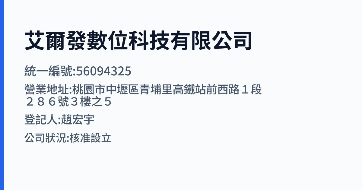 艾爾發數位科技有限公司 - 統編 56094325(桃園市) 公司登記資料與營業項目詳細圖表
