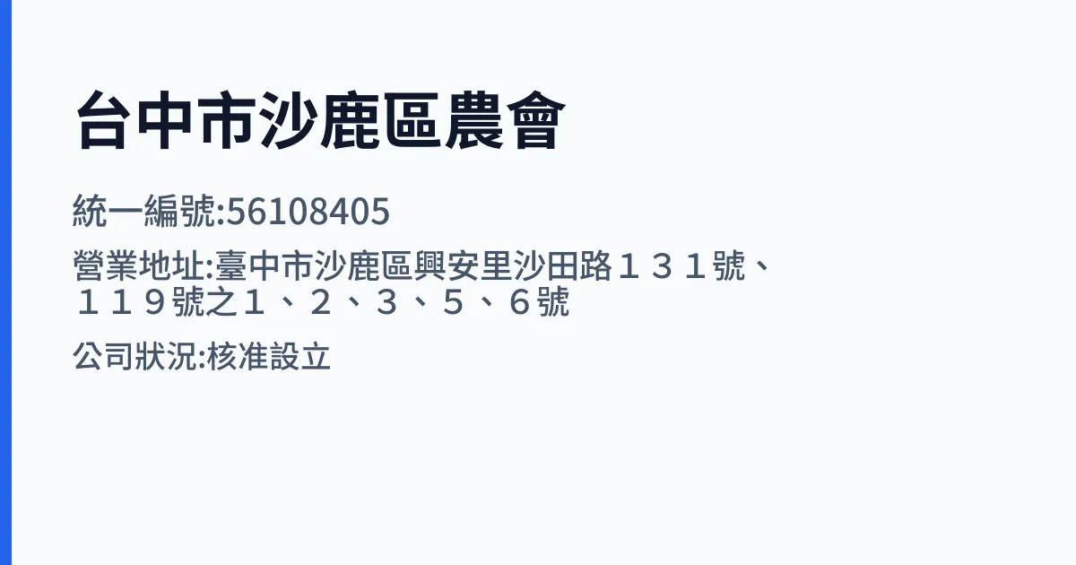 台中市沙鹿區農會 - 統編 56108405(臺中市) 公司登記資料與營業項目詳細圖表