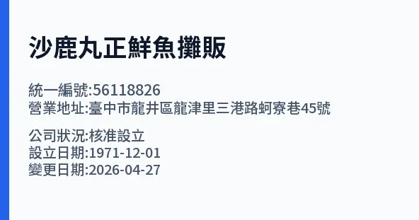 沙鹿丸正鮮魚攤販的照片-統編 56118826(臺中市) 公司登記資料與營業項目詳細圖表