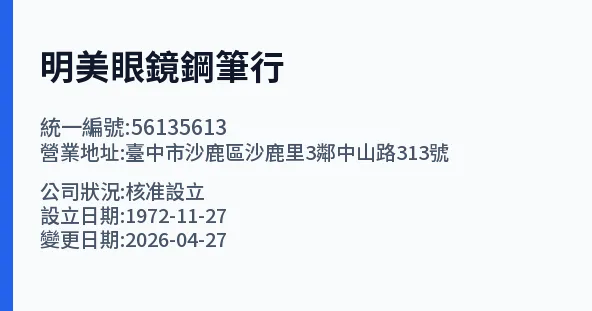 明美眼鏡鋼筆行的照片-統編 56135613(臺中市) 公司登記資料與營業項目詳細圖表