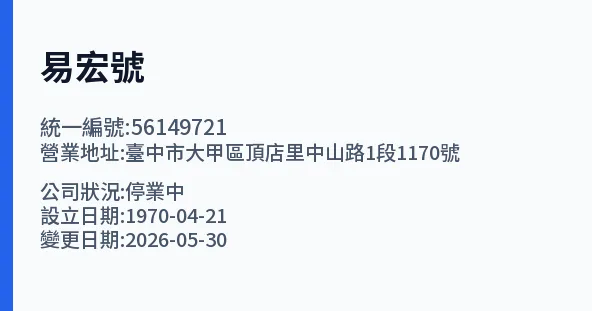 易宏號的照片-統編 56149721(臺中市) 公司登記資料與營業項目詳細圖表
