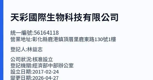 天彩國際生物科技有限公司的照片-統編 56164118(彰化縣) 公司登記資料與營業項目詳細圖表