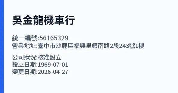 吳金龍機車行的照片-統編 56165329(臺中市) 公司登記資料與營業項目詳細圖表