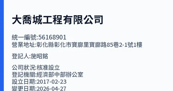 大喬城工程有限公司的照片-統編 56168901(彰化縣) 公司登記資料與營業項目詳細圖表
